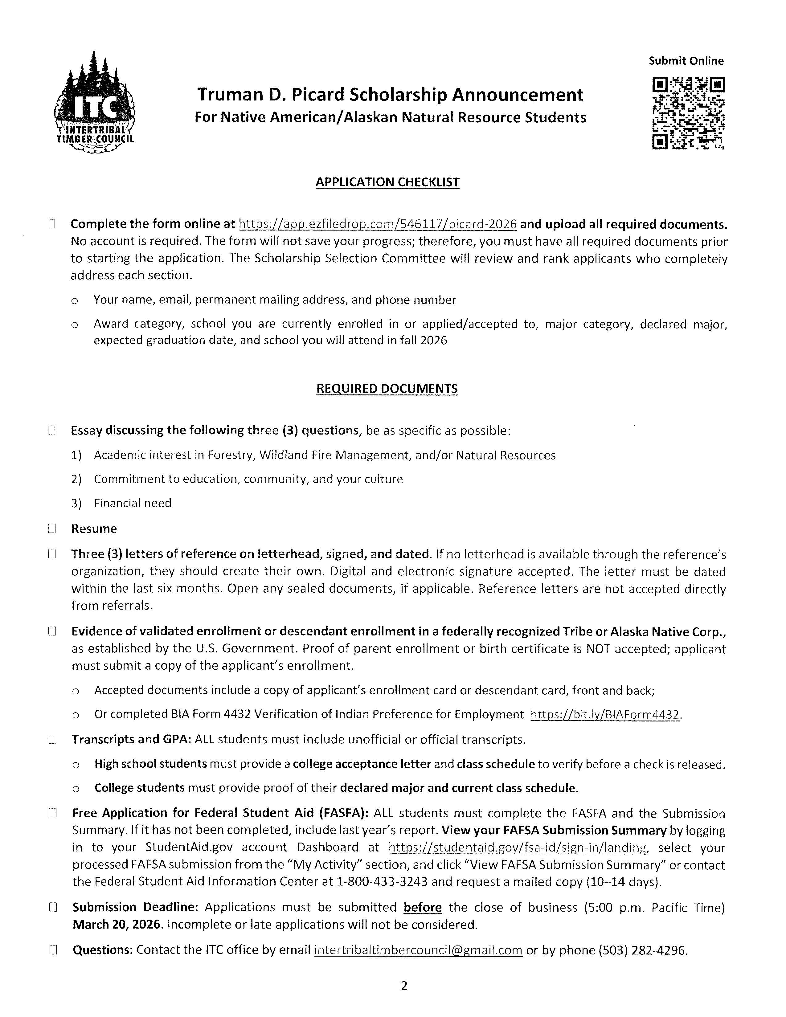 Truman D. Picard Scholarship for Native American and Alaska Native Students